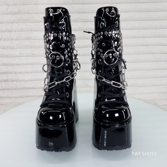 Demonia | Shoes | Demonia Camel 65 Black Patent Chain Goth Punk Mid ...